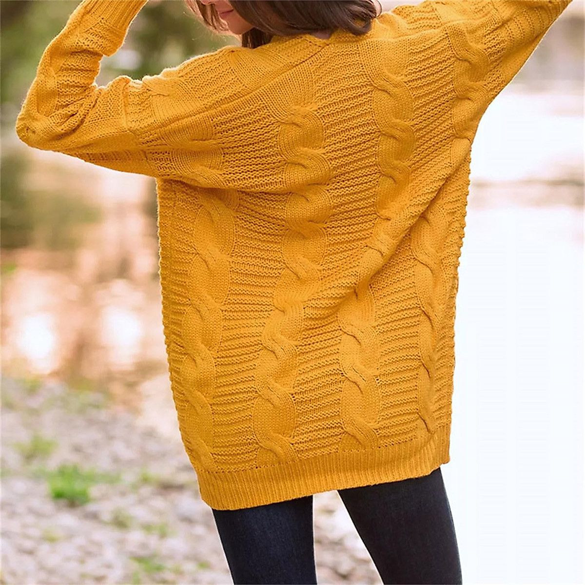 Must Haves from tiktok Sweater Cardigan for Women Solid Color Oversized Sweater Mid Length Coarse Sweater Cropped Cardigan (5-Yellow, L)