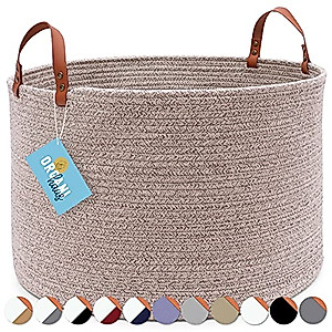 OrganiHaus Brown Large Storage Baskets for Organzing 20x13 | Large Woven Laundry Basket | Blanket Basket for Living Room | Round Basket for Shoes | Cotton Rope Basket for Entryway w/Leather Handles