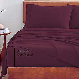 LANE LINEN 100% Organic Cotton Twin Bed Sheet Set, 3 Pc Twin Size Sheet Set, Soft & Breathable Twin Sheet Set Boys, Hotel Style Bedding Sheets & Pillowcases, 15" Deep Twin Fitted Sheet - Windsor Wine