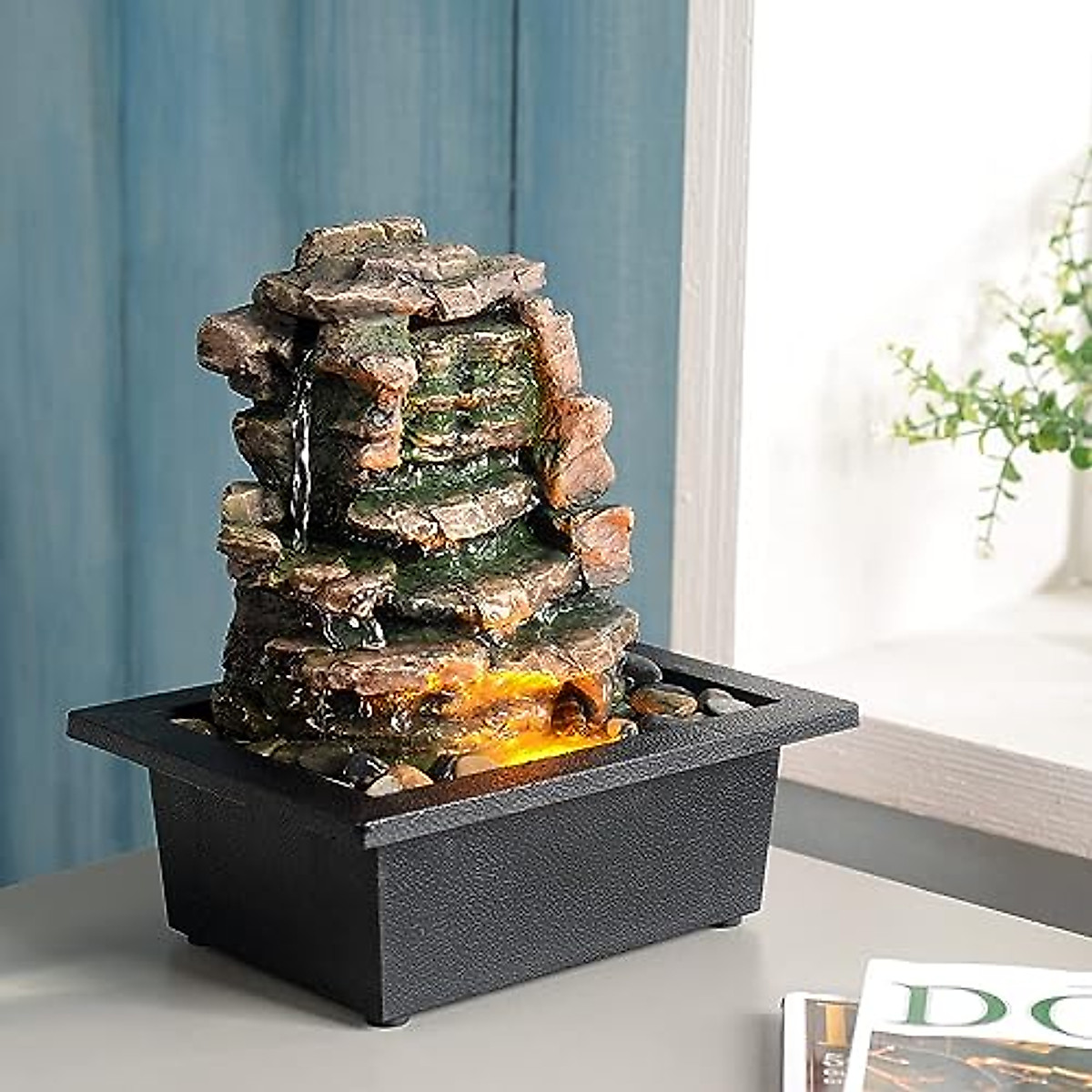 GOSSI Home Décor Waterfall Meditation Fountain Indoor Tabletop Many Natural River Rocks Decorated Office Home Table Fountion with LED Lights (22103)