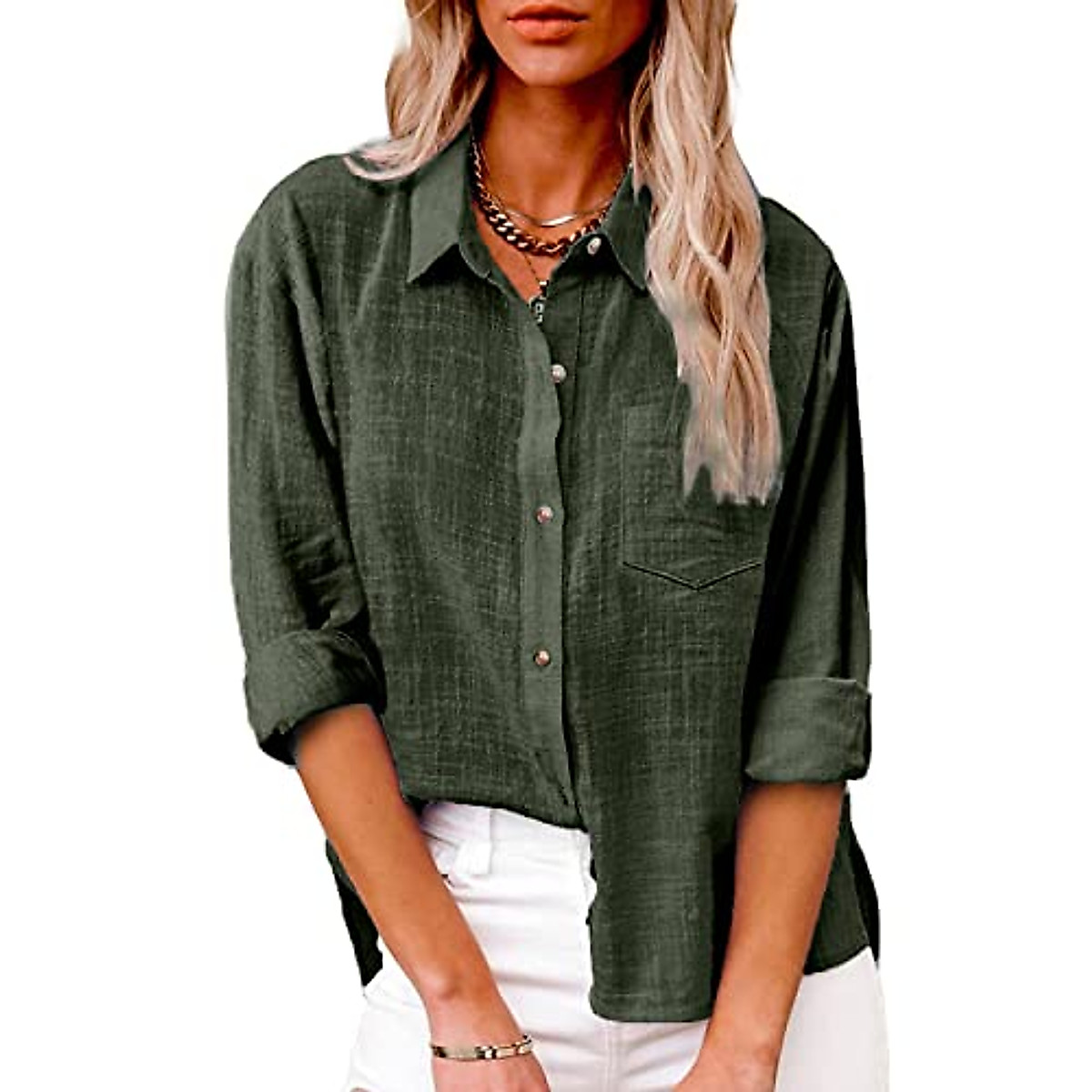 Womens Cotton Linen Button Down Shirt 2023 Casual Long Sleeve Solid Color Shirts Loose Work Tops with Pockets Army Green