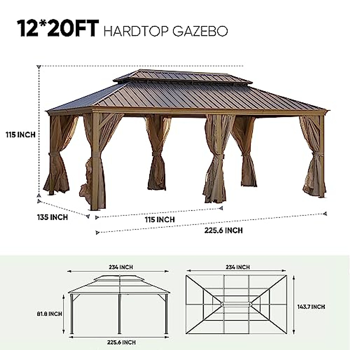 12' x 20' Outdoor Patio Gazebo All-Weather Heavy Duty Hardtop Gazebo Canopy Double Vented Roof Pergolas Galvanized Steel Aluminum Frame with Netting&Curtains for Garden/Lawns/Backyard/Parties
