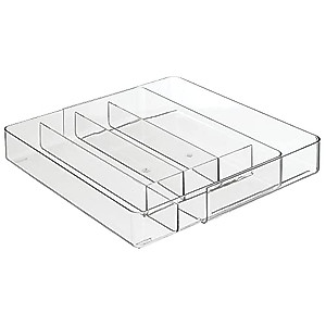 mDesign Adjustable, Expandable Plastic Kitchen Cabinet Drawer Storage Organizer Tray - for Storing Organizing Cutlery, Spoons, Cooking Utensils, Gadgets - Clear