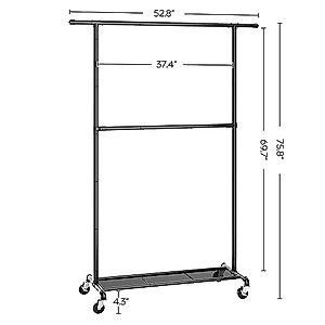 YATINEY Clothes Rack, Double Rod Garment Rack, Clothing Rack with Wheel, Rolling Clothes Rack for Hanging Clothes, Metal Frame, Adjustable Middle Rod, Heavy-Duty Commercial Display, Black GR49BB