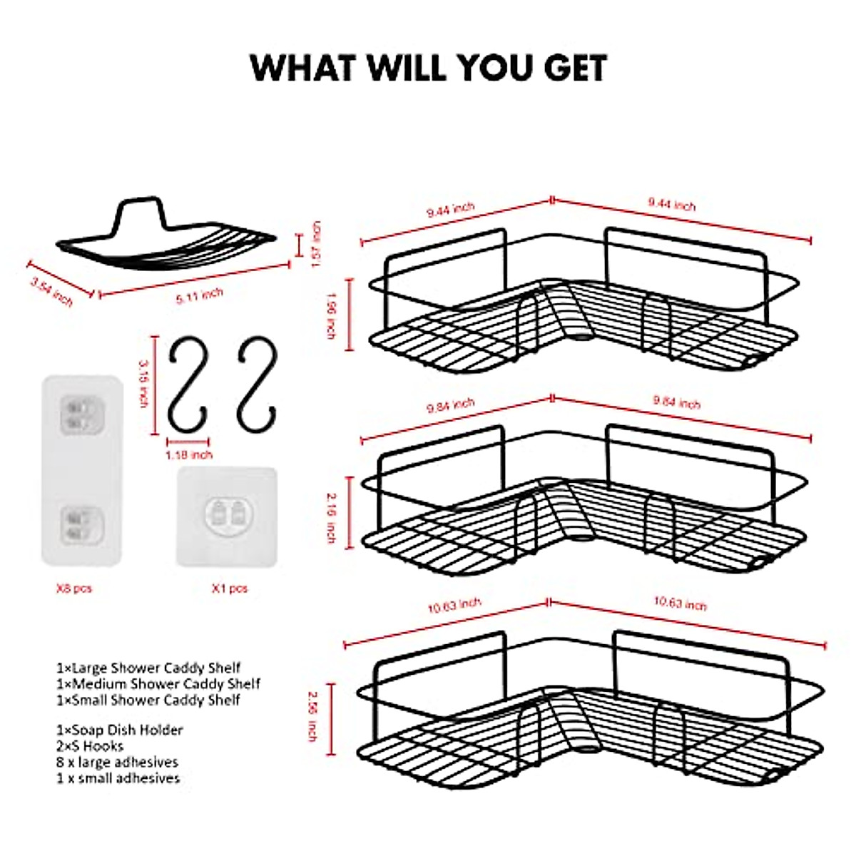 TOVE KNIGHTY Shower Caddy, 4-PCS Corner Shower Shelves, Bathroom organizer Rustproof Shower Basket with Soap Dish and Hooks, No Drilling Adhesive Storage Organizer for Bath, Toilet, Kitchen and Dorm