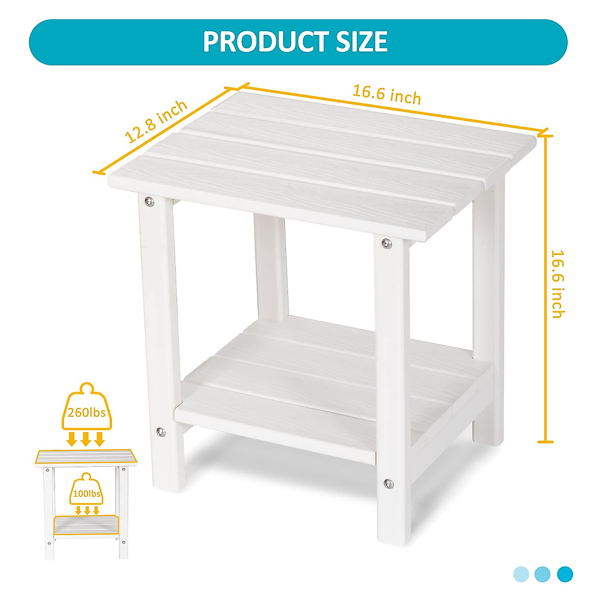 LOENIY 2 -Tier Outdoor Side Table HDPE Adirondack Table Patio Side Table with Wood-Like Grain Weather Resistant End Table Small Outdoor Table (White, Rectangle)