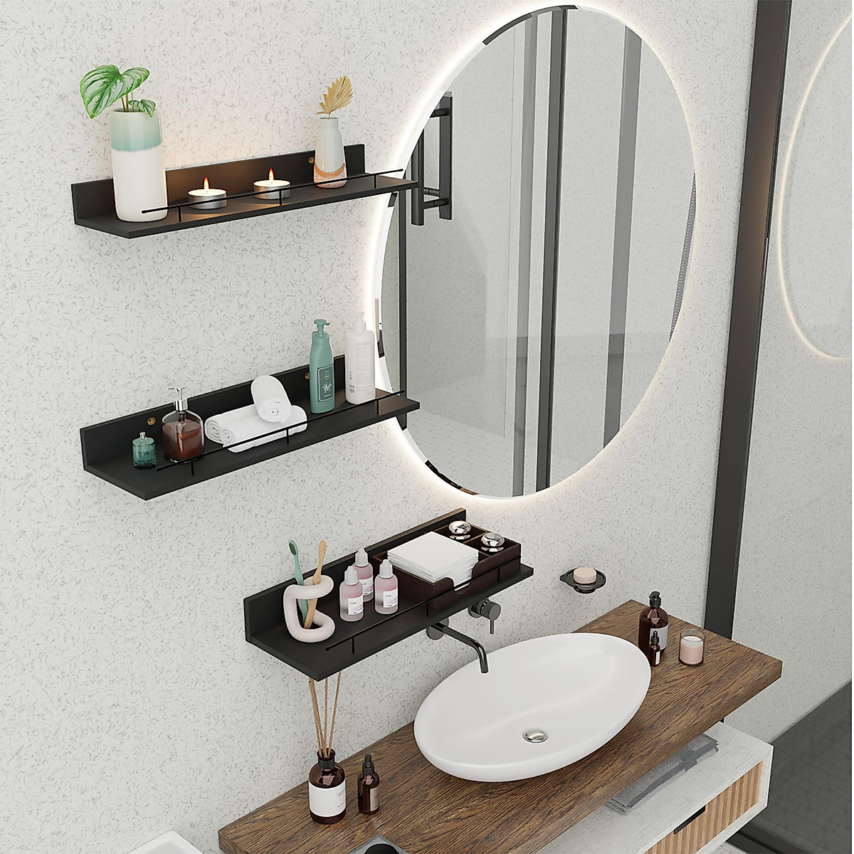 Giftgarden 16 Inch Black Floating Shelves with Black Metal Guardrail, Wood Shelves for Wall Storage Set of 3, Wall Shelf for Bathroom Bedroom Living Room Kitchen Nursery