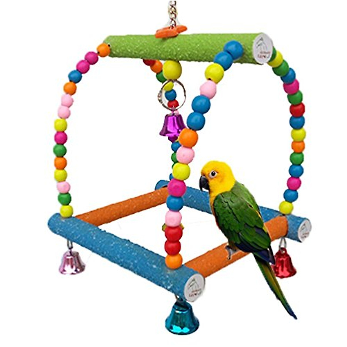 Hypeety Colorful Wooden Swing Bird Toy for Parrot Macaw African Greys Budgies Cockatoo Parakeet Cockatiel Conure Lovebirds Finch Cage Perch Toy Paw Grinding Ladder (S)