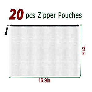 AUSTARK 20 Pcs Zipper File Bags, Plastic Mesh Pouch, Board Game Storage Bag, Waterproof Bags for Office School (A3 Size 16.9''x12'', White and Black)