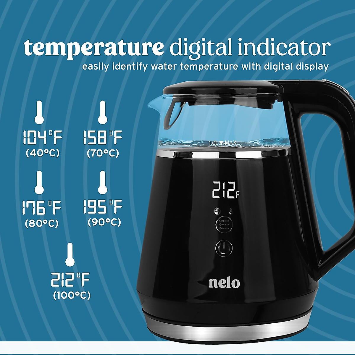 NELO Electric Kettle with 5 Temperature Control Presets, Large Digital Temperature Display, Multi-Colored LED Indicator Lights, Black Tea Kettle & Hot Water Boiler, 360° Base, BPA-Free, 1 Liter