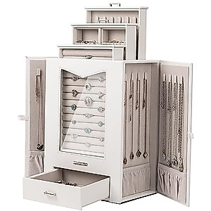 Homde Jewelry Organizer with Transparent Window Necklace Hooks Gift for Women Jewelry Box Display Case for Necklaces Rings Earrings Bracelets and Other Jewelry Accessories (White)