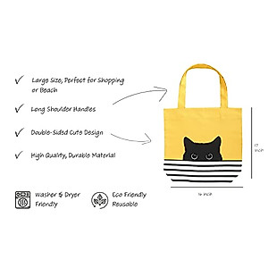 Cute Canvas Tote Bag for Women with Cat Design - Birthday Valentines Day Gift - Aesthetic Book Tote for Teacher School Kids - Hello Kitty Tote Bag - Large Reusable for Shopping Grocery (Yellow Cat)