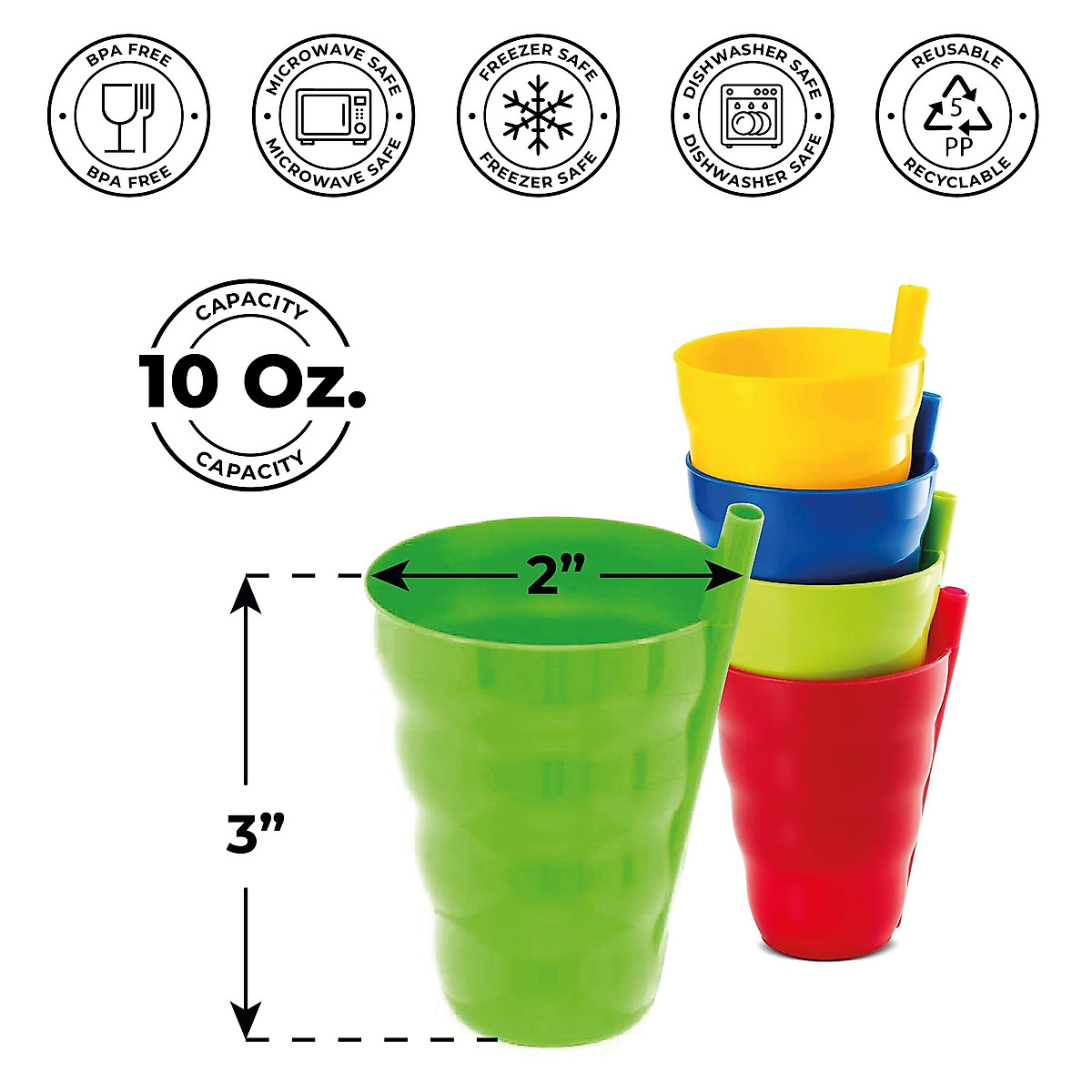 PLASKIDY Kids Cups with Built-in Straw - Set of 8 Toddler Drinking Cups with Straws 10 Ounce - Children Sip-a-Cup Dishwasher Safe BPA Free Brightly Colored Great Kid and Toddler Tumbler Cups