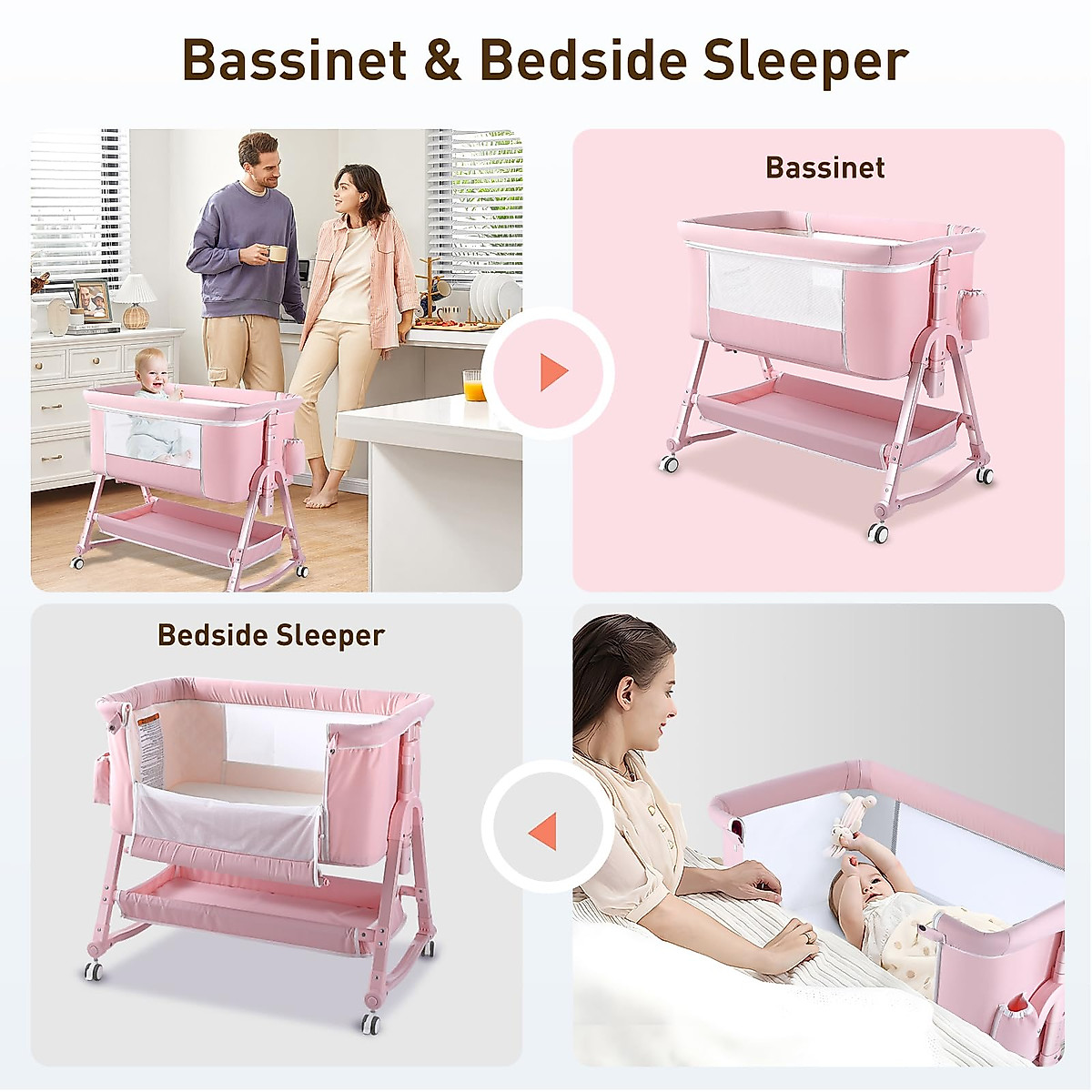Uuoeebb 4 in 1 Bedside Bassinet for Baby, Portable Baby Bassinet with Wheels, Baby Crib with Changing Station, Mattress Included and Storage, Foldable Travel Bassinet for Baby/Infant/Newborn-Pink