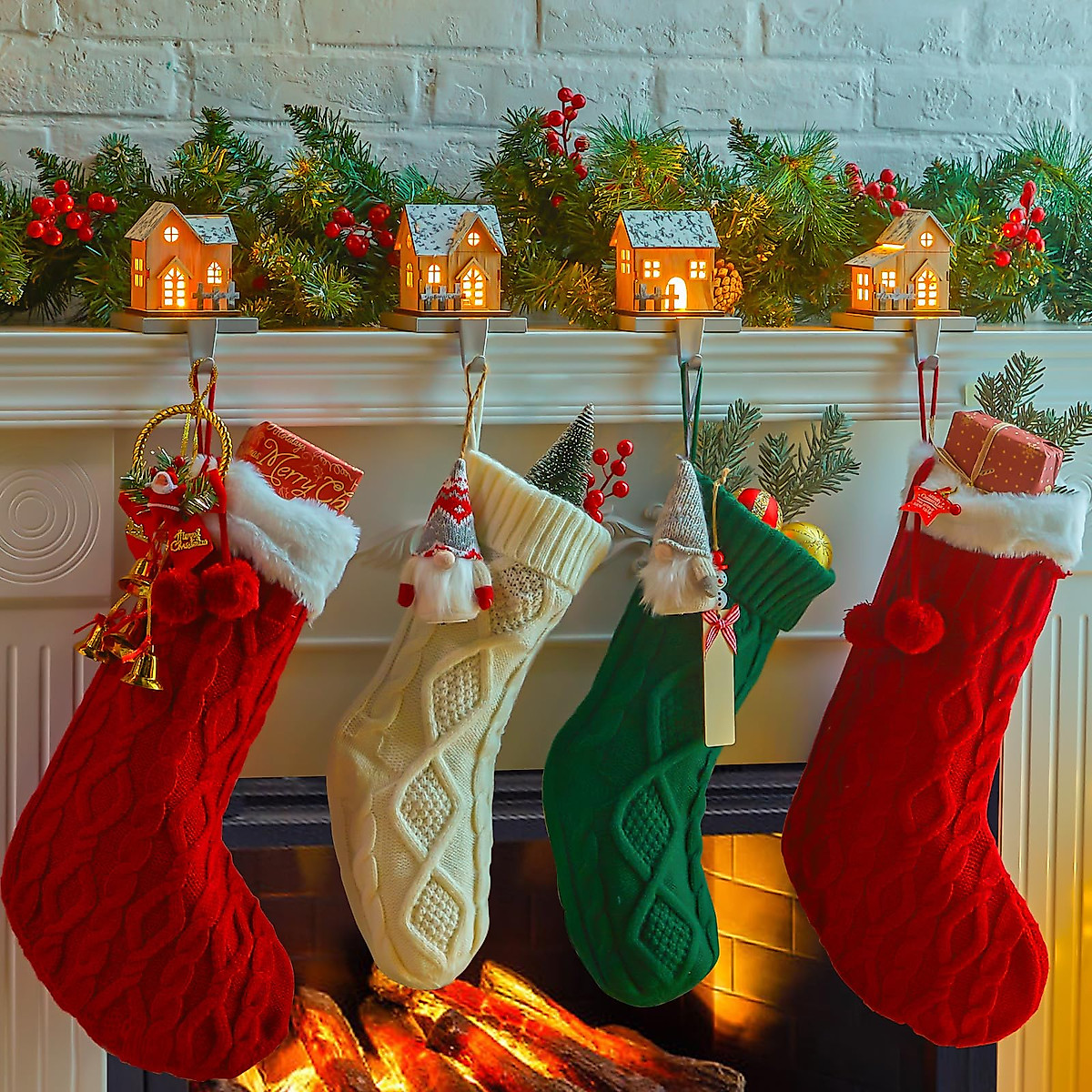 Christmas Stocking Holders for Mantle, Set of 4 Christmas Mantle Wood Room Stocking Hangers with Lights, Weighted Christmas Different Room Stocking Hooks for Fireplace Counter Window Decoration