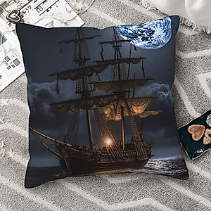 Pirate Sailboat Full Moon Print Throw Pillow Cover Corduroy Soft Pillowcase with Hidden Zipper Decorative Cushion Covers for Sofa Living Room Home Decors 20"X20"