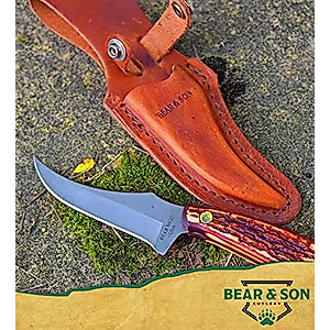 Bear & Son Cutlery 7 1/4" Upswept Skinner Knife, 440 High Carbon Stainless Steel Blade, Stag Delrin Handle, Leather Sheath (753)