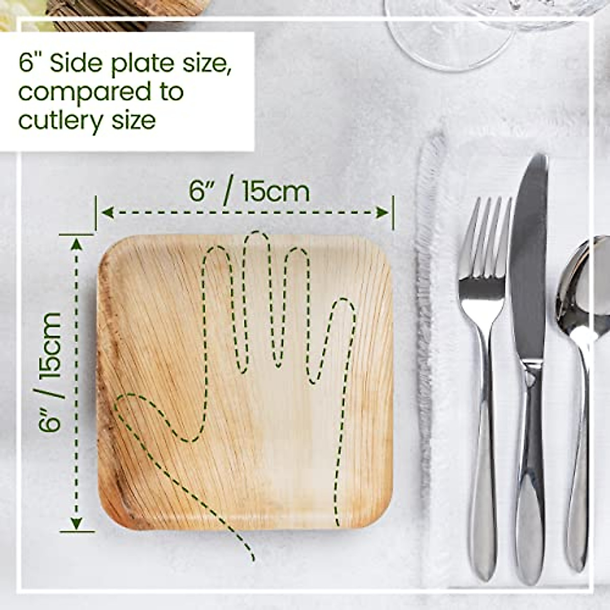 Palm Leaf Plates - Compostable and Grease Resistant 6 Inch Square Plates - Eco Friendly Plate is 100% Natural, Sturdy & Microwave Safe - Disposable & Biodegradable Wood Alternative to Bamboo Plates