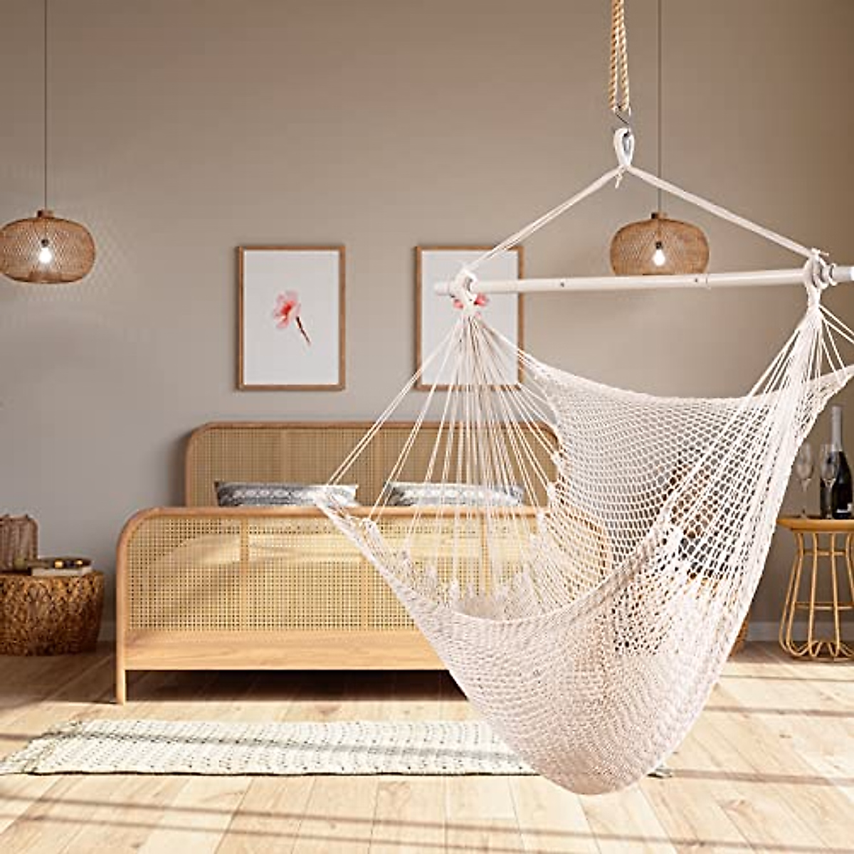 HBlife Hammock Chair Max 330 LBS Hanging Chair with Portable Metal Rod Handwoven Cotton Rope Hammock Swing for Bedroom Beige, Small