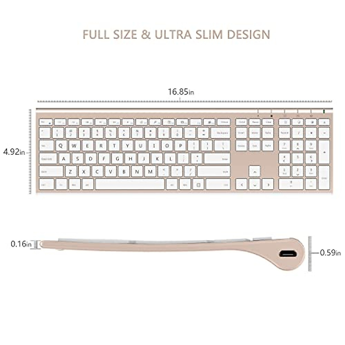 Wireless Keyboard and Mouse Combo, 2.4GHz Ultra-Slim Aluminum Rechargeable Keyboard with Whisper-Quiet Mouse for Windows, Laptop, PC, Desktop - White Gold