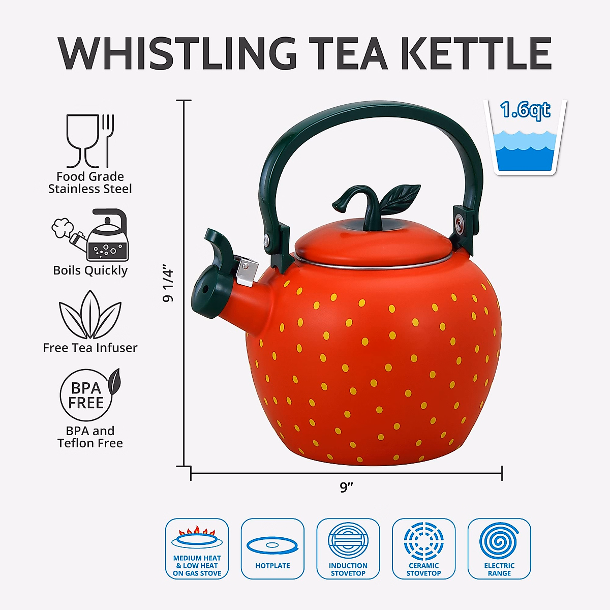 Whistling Tea Kettle for Stove Top Enamel on Steel Teakettle, Supreme Housewares Strawberry Fruit Decor Teapot Water Kettle Cute Kitchen Accessories Teteras (2.3 Quart, Strawberry)