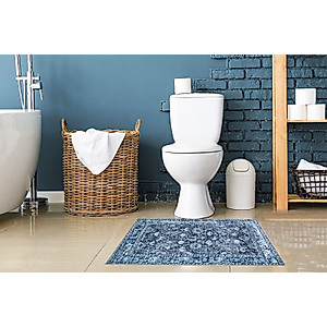 MUJOO Machine Washable Rugs 2'x3 ' Small Area Rugs Non Slip Boho for Entryway Kitchen Bathroom Bedroom Vintage Soft Low-Pile Navy Blue Area Rug.