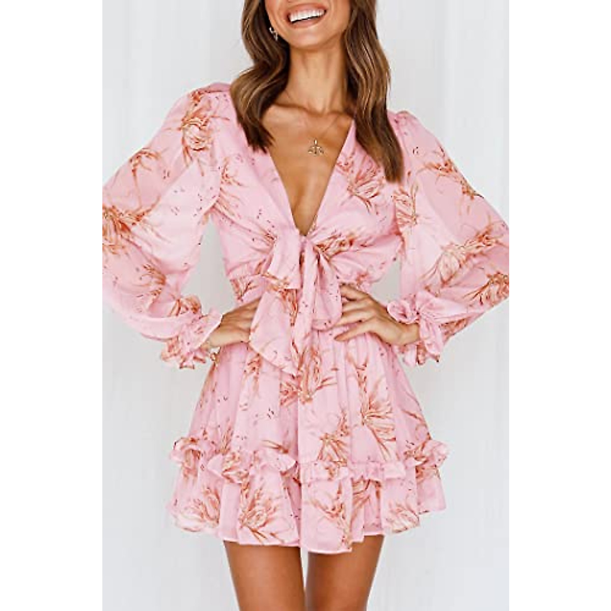 PRETTYGARDEN Women's Short A-Line Flare Dress Knot Front Long Sleeve V Neck Tiered Ruffle Swing Mini Skater Dresses (Pink Floral,X-Large)