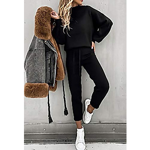 Women's 2 Piece Pant Set Sweatsuit Long Lantern Sleeve Sweatshirt Jogger Pant Tracksuit Black M