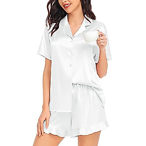 SWOMOG Womens Silk Satin Pajamas Set Two-piece Ruffle Sleepwear Loungewear Button-Down Pj Sets White
