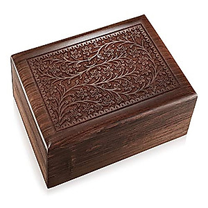 Reminded Rosewood Hand-Carved Floral Urn Box Cremation Memorial with Velvet Bag - Large