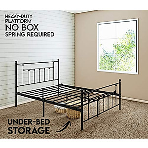 AMBEE21 Victorian Queen Metal Bed Frame with Headboard and Footboard Platform/Wrought Iron/Heavy Duty/Solid Sturdy Metal Slat/Black/No Box Spring Needed/Mattress Foundation/Under Bed Storage