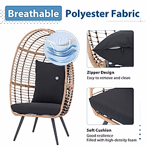 JOIVI Wicker Egg Chair, Oversized Indoor Outdoor Lounger Large Egg Basket Chair with Stand and Cushions for Patio Porch, Backyard, Living Room, Balcony (Beige Rattan, Black Cushion)
