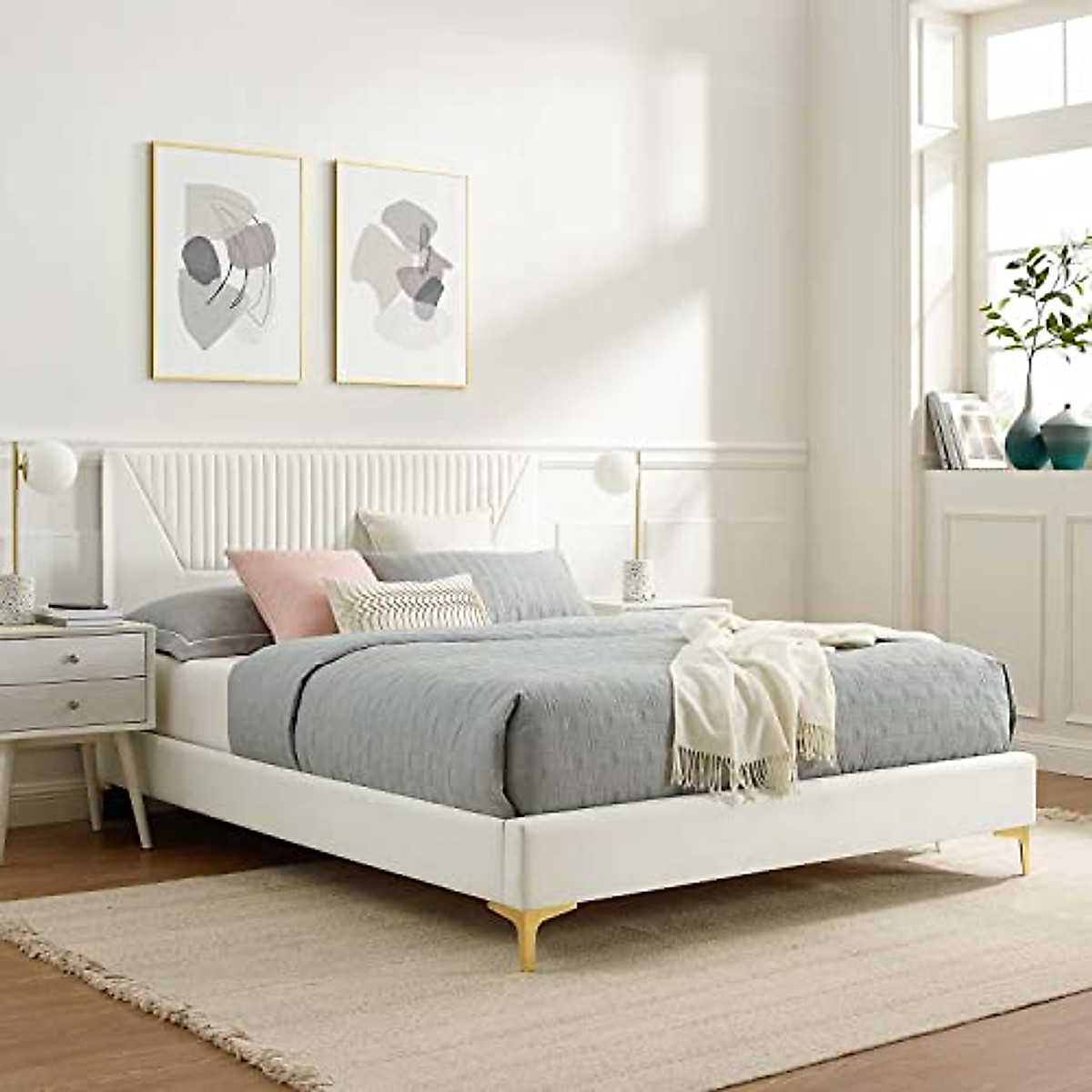 Modway Yasmine Channel Tufted Performance Velvet Full Platform Bed in White