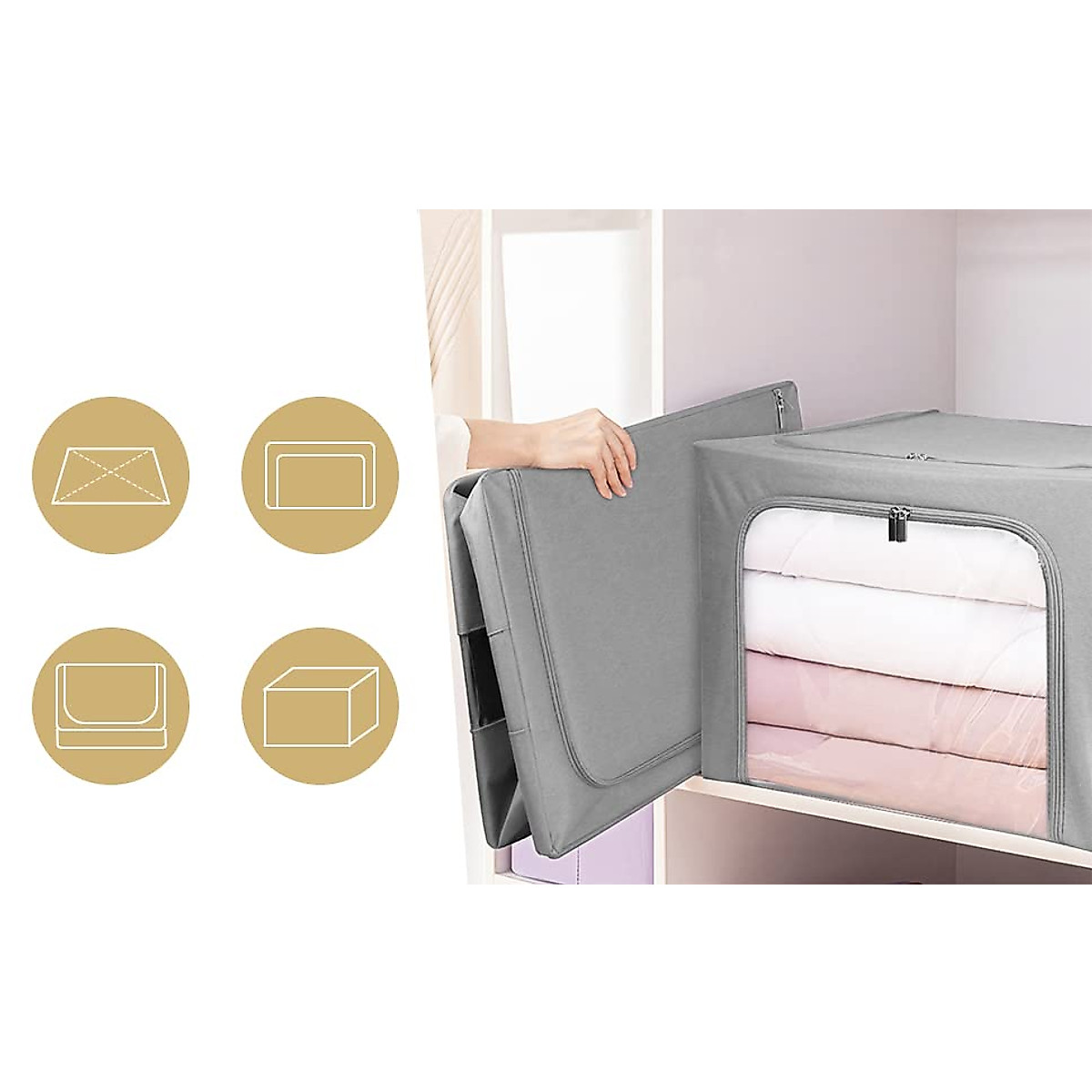 Stackable Clothes Storage Box for Clothing Gadgets,Steel Frame Storage Bins for Bedding Blankets Toys Gift,Foldable Oxford Fabric Closet Organizer Bag Set with Carry Handles and Clear Window (Large- 66L x3 Pack, Grey)