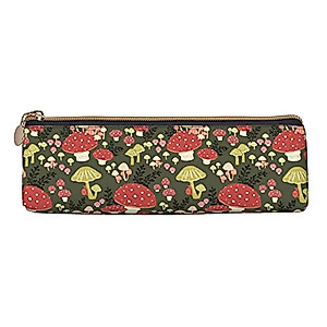Ykklima Mushrooms Pattern Leather Pencil Case Zipper Pen Makeup Cosmetic Holder Pouch Stationery Bag for School, Work, Office