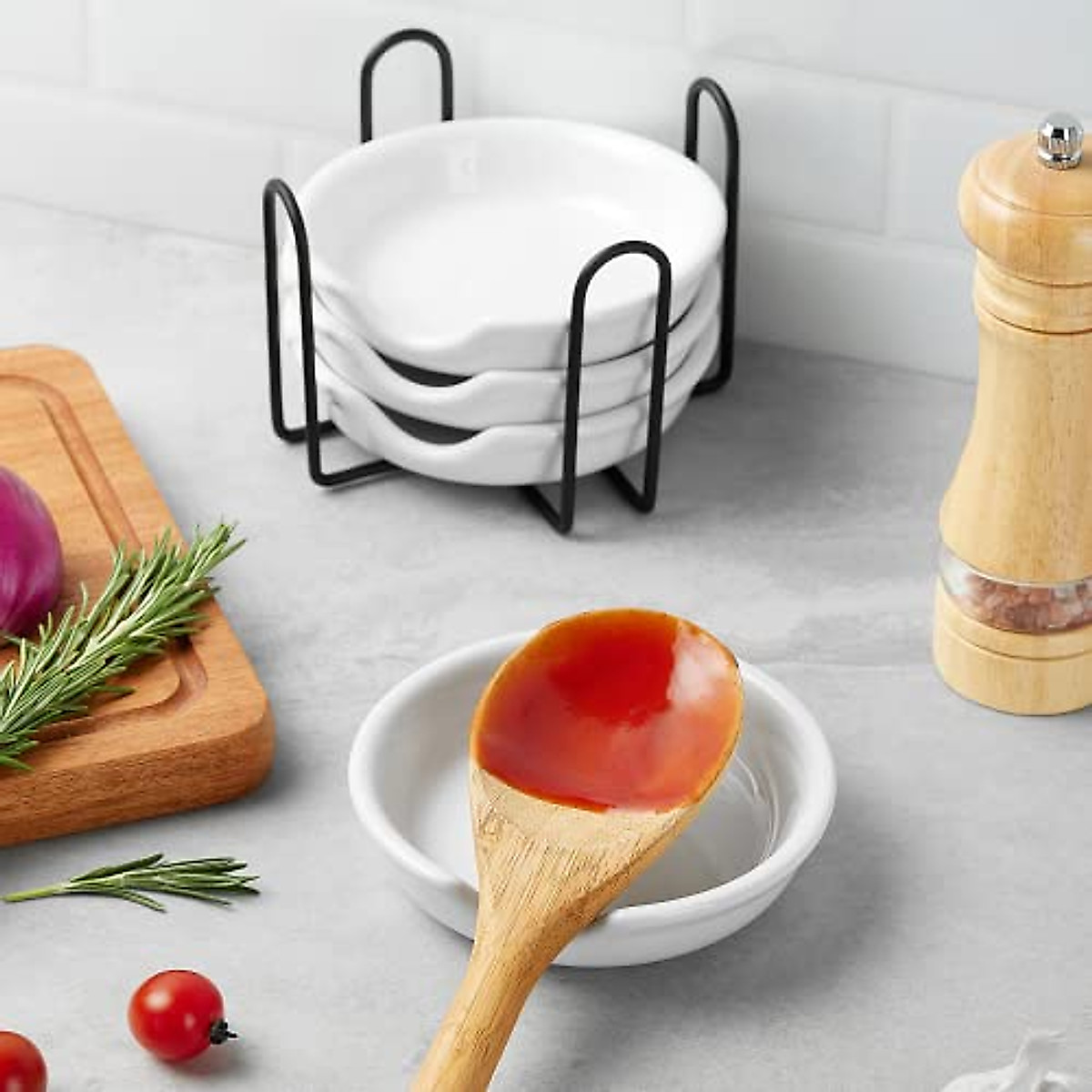 4 Pack Ceramic Spoon Rest with Metal Holder, Gencywe 4.8 inch Spoon Holder for Kitchen, Spoon Rest for Stove Top, Coffee Spoon Rest for Spoons, Ladles, Tong, Cooking Utensil Rest, Housewarming Gifts