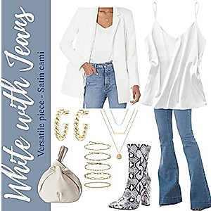 Ekouaer Women's Silk Satin Tank Tops Deep V Neck Stretch Camisole Tops Summer Sleeveless Shirts Blouses