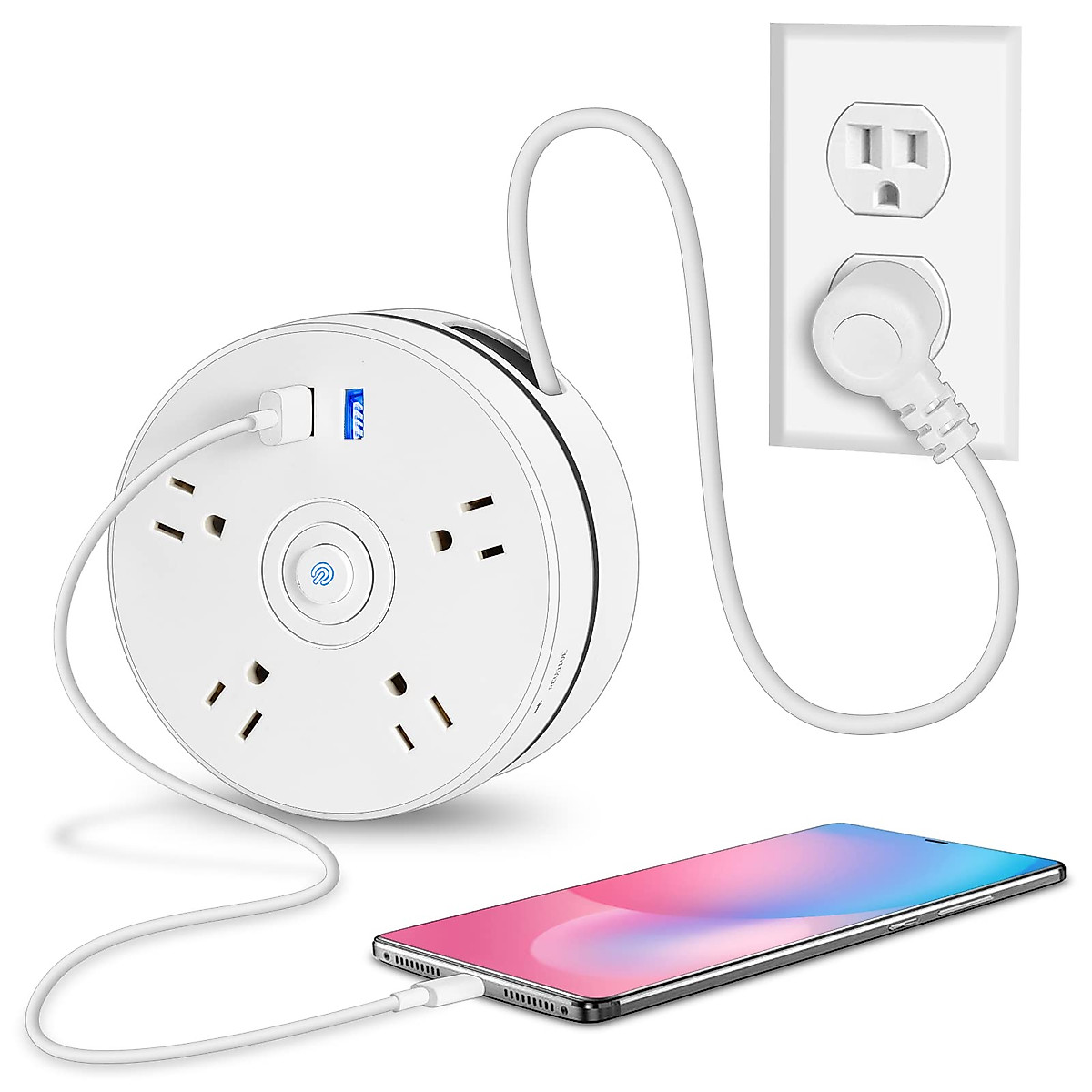 AOCIWE Retractable Power Strip Surge Protector - 4 Outlet Flat Plug Strip with Smart 2 USB, 5.9 FT Long Extension Cord, 125V/10A, Portable & Neat for Travel/Home /Office