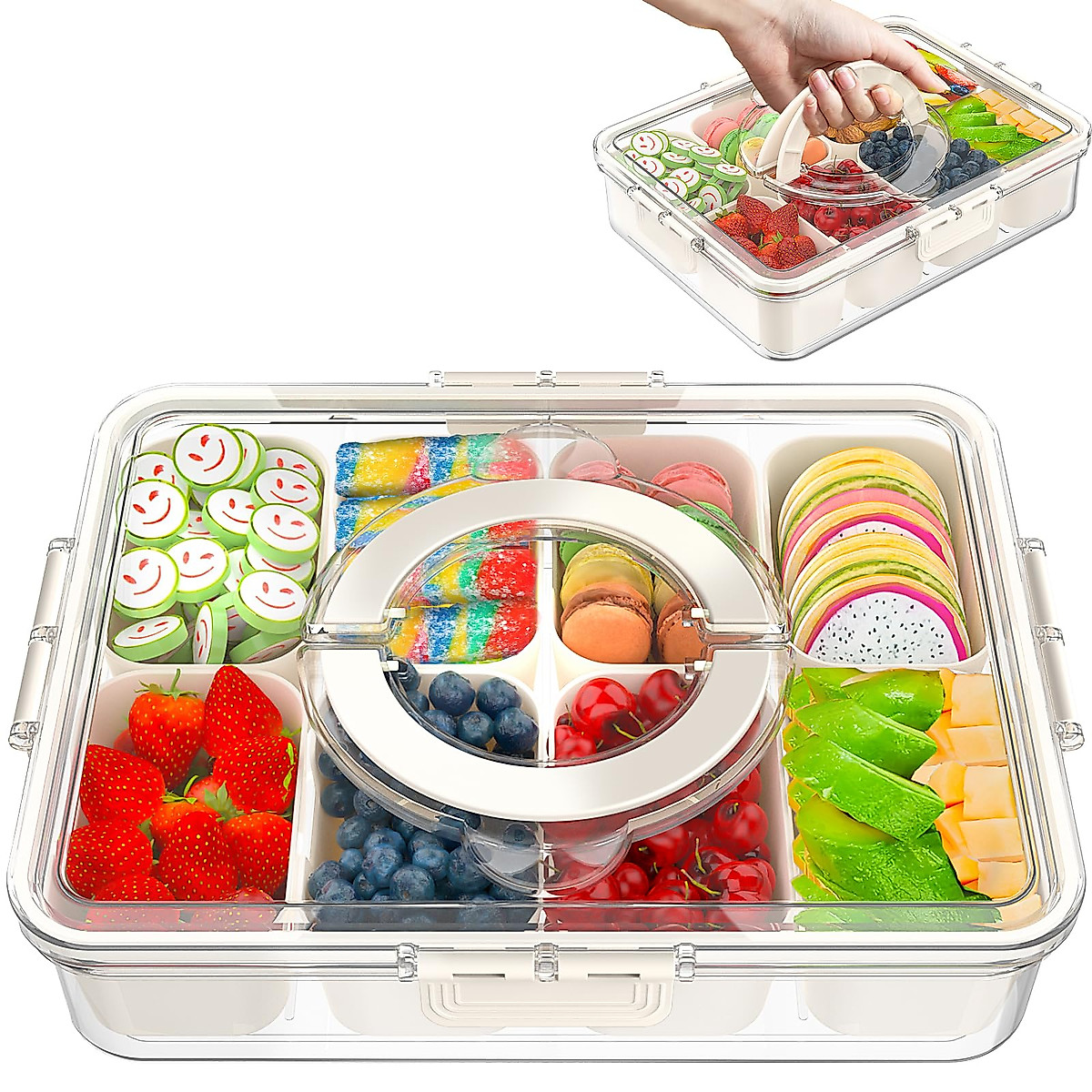 Snackle Box Container,Divided Serving Tray with Lid and Handle,Portable Snack Box for Candy, Fruits, Nuts, 8 Compartments snack tray, Snack Organizer for Picnic,Party,Movie Night,Road Trips(1 Pack)