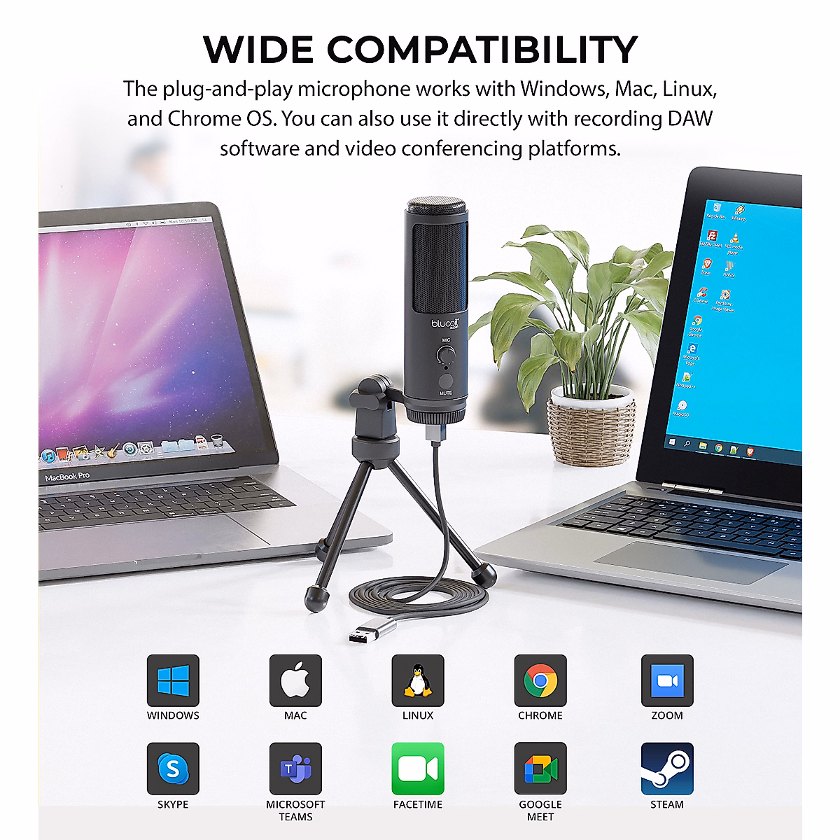 Blucoil USB Cardioid Condenser Microphone with 3.5mm Headphone Jack, Volume Control, Mute Button, and Tripod - Compatible with Mac, Windows, Linux, Chrome, Zoom, Google Meet, Microsoft Teams, and more