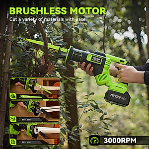 Reciprocating Saw Cordless, 3000 RPM Brushless Power Reciprocating Saw With 21V 2 x 4.0Ah Battery, 28mm Reciprocating Stroke, 8 Saw Tool-Free Blade Change for Wood Metal PVC Cutting