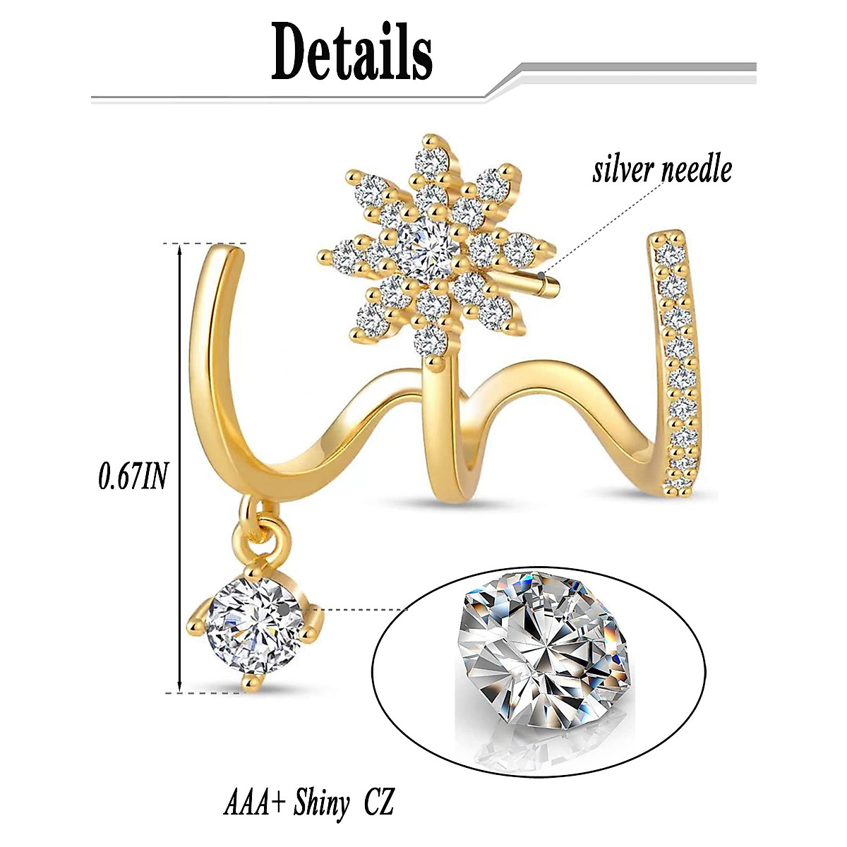 Ofeiyaa 6 Pairs Earrings Stud Claw Ear Cuff X-shaped Heart Snowflake Shiny CZ Trendy Minimalist Dainty Double Wrap Huggie Earrings for Women Gold Tone