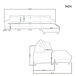 Lepfun Oversized Fabric Set, Extra Large L Shaped Reversible Chaise Sectional Couch, 124.4” Width, 4 Seat Modular Sofa with Storage Ottaman, Dark Grey