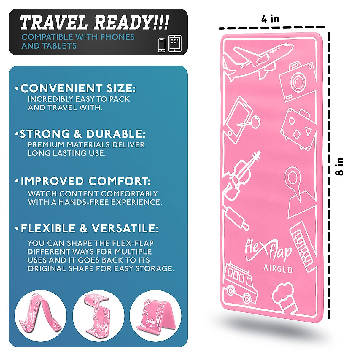 Airplane Travel Essentials for Flying Flex Flap Cell Phone Holder & Flexible Tablet Stand for Desk, Bed, Treadmill, Home & in-Flight Airplane Travel Accessories - Travel Must Haves Gadgets (Pro Pink)