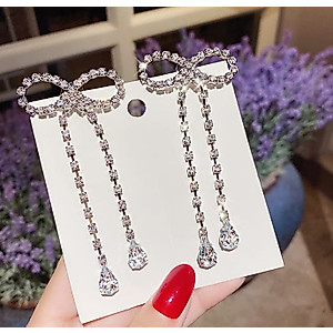 LAKIYOYO Rhinestones Bow Drop Earrings for Women Crystal Silver Bowknot Tassels Statement Earrings Lightweight Shiny Bar Earrings Set Jewelry