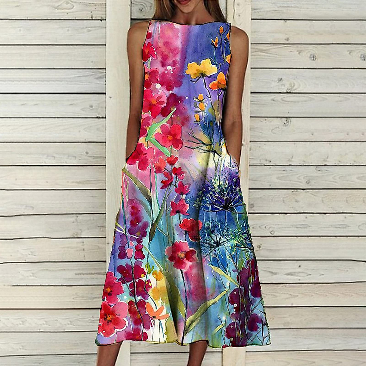 Women Marble Print Summer Tshirt Dress Sleeveless Beach Dress Graphic Long Maxi Tank Dress Casual Resort Clothes with Pockets