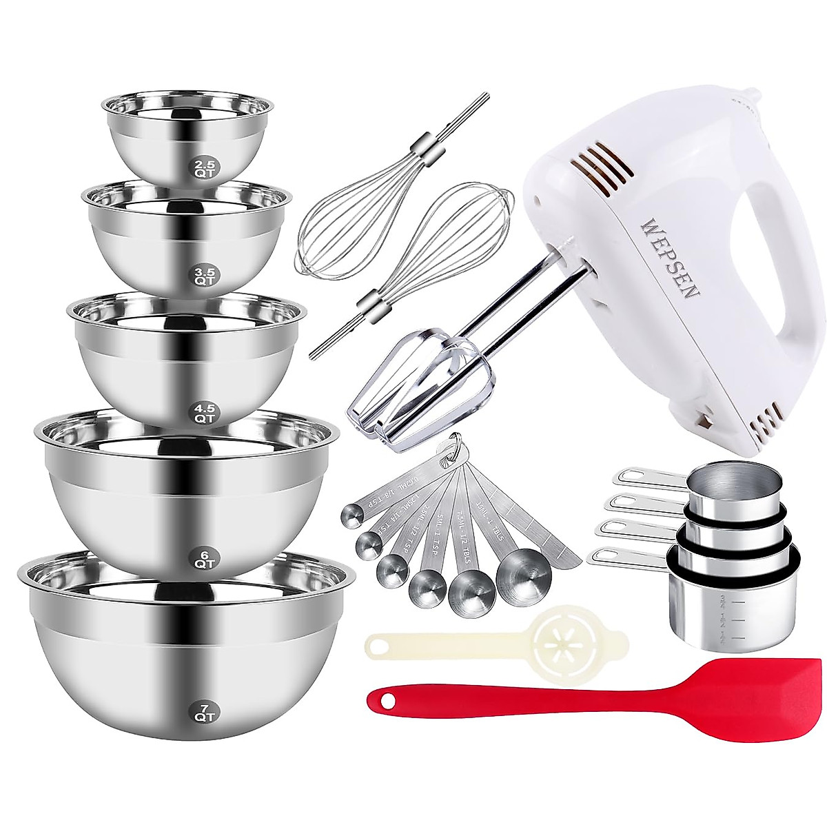 5-Speed Electric Hand Mixer, 5 Large Mixing Bowls Set, Handheld Mixers with Whisks Beater, Stainless Steel Metal Nesting Bowl Measuring Cups Spoons Kitchen Cake Blender for Prep Baking Supplies