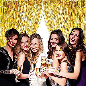 Gold Backdrop Fringe Curtain for Party Decor -6.5x6.5ft, Pack of 2 | Gold Foil Curtain Backdrop Tinsel Streamers for Bachelorette Party Baby Shower Graduation Birthday Wedding Photo Booth Backdrops
