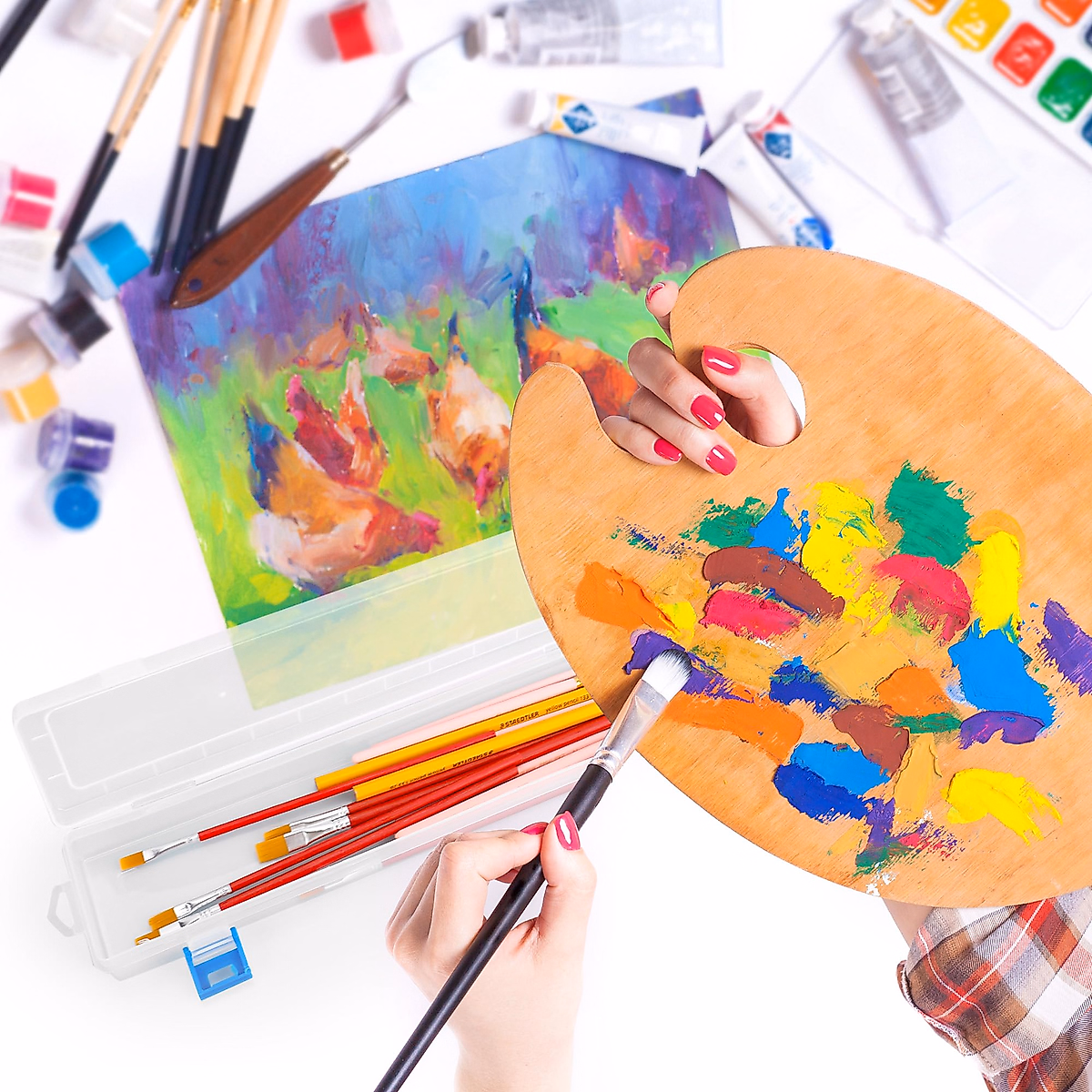 KEJJNYER 6 Pack Long Paint Brush Storage Case, 13 x 2.7 x 1.3 Inch Clear Paint Brush Holders Hinged Lid Plastic Drawing Pen Paint Brush Case Storage