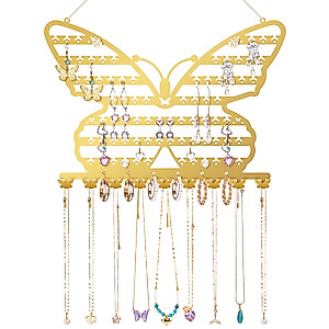 NiHome Butterfly Wall Mounted Jewelry Organizer, Decorative Metal Earring and Necklace Holder for Bedroom, Vanity, or Closet, Stylish Organizer with Easy Hanging for Fashion Lovers (Gold)